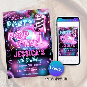 Editable Pop Star Birthday Invitation, Neon Glow Party Like Pop Star ...