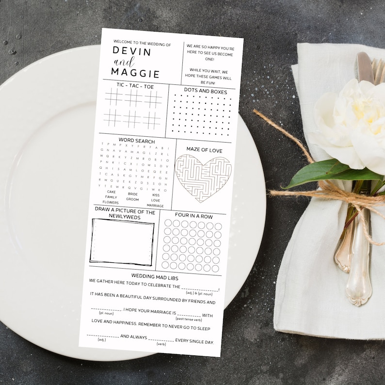 Customizable Wedding Reception Activity Sheet Game & Menu Template ...