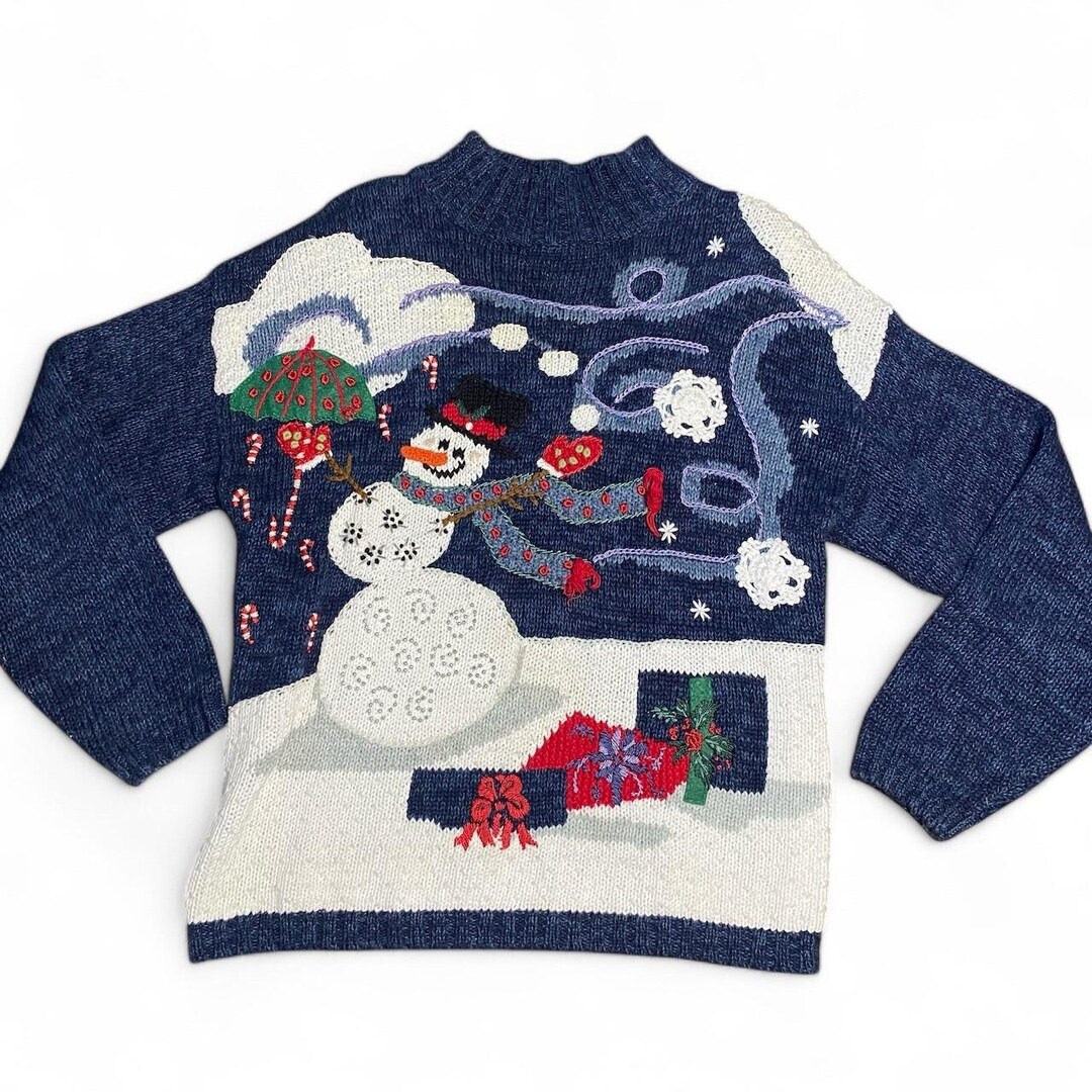 Vintage Tiara International Snowman Christmas Sweater Embroidered Knit ...