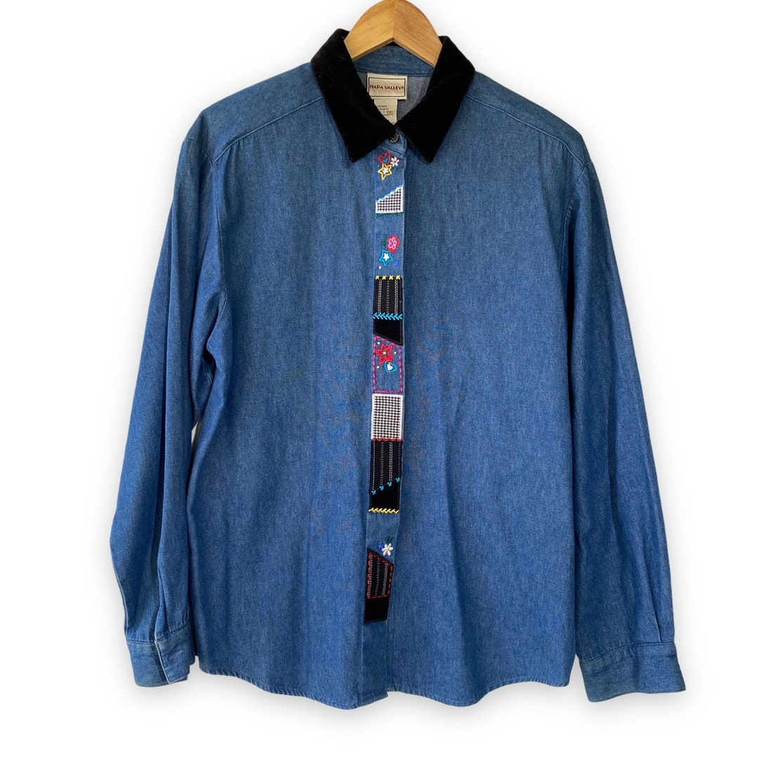 Vintage Napa Valley Women's Denim Colorful Embroidered Button up Shirt ...
