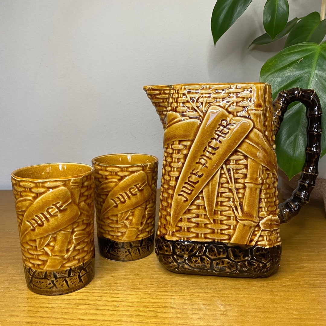 Vintage Mid Century Japan Embossed Wicker Bamboo Ceramic Juice Pitcher ...