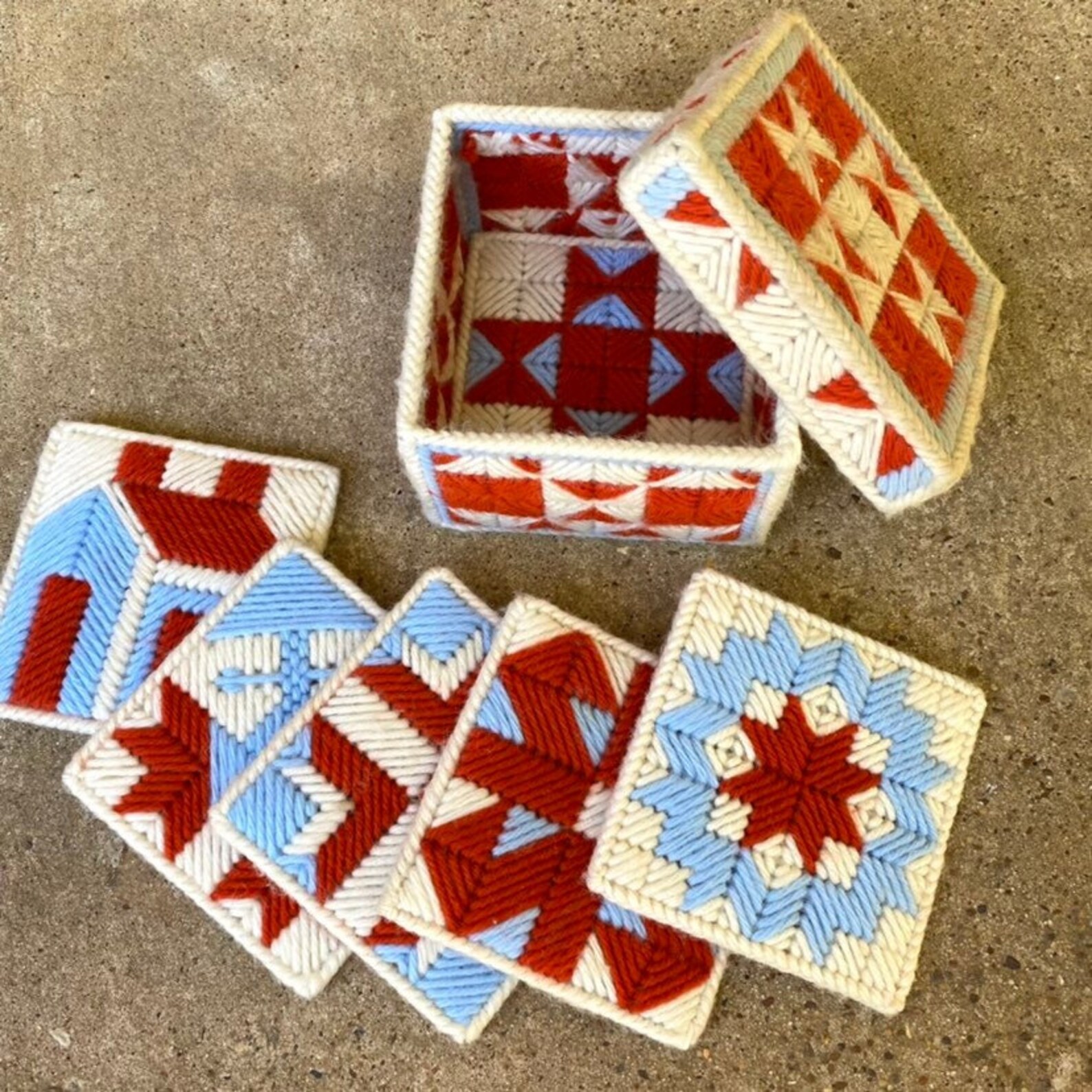 Vintage Retro Blue & Orange Crochet Plastic Canvas Coaster Set - Etsy