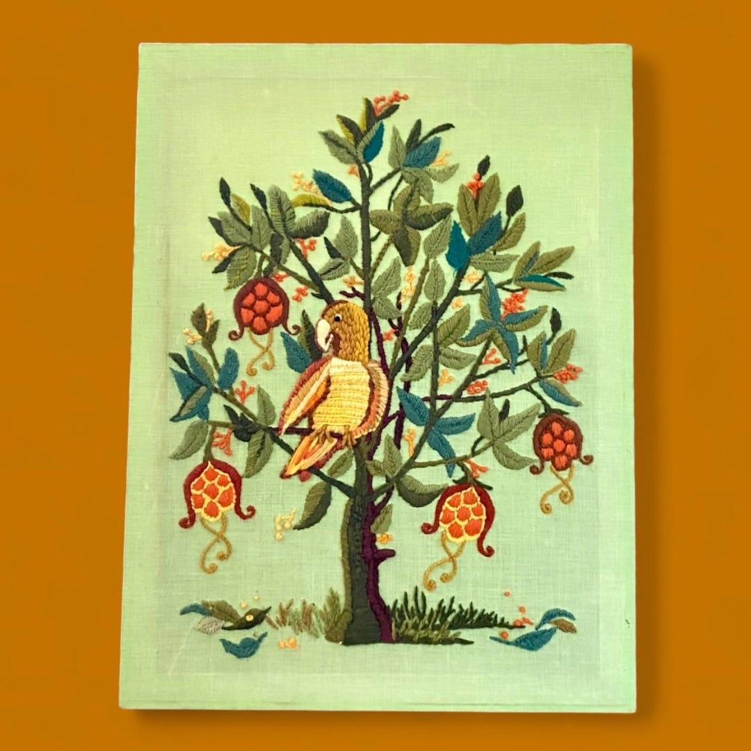 Vintage Jacobean Tree of Life Bird Green Crewel Embroidery Wall Art ...