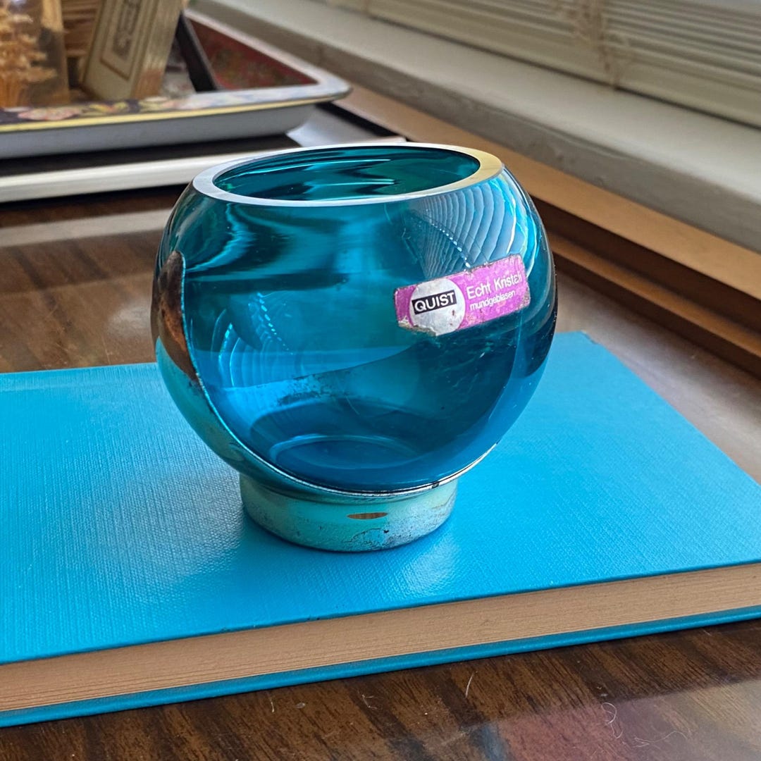 Vintage MCM Quist Blue Crystal Art Glass Chrome Space Age Ball Ashtray ...