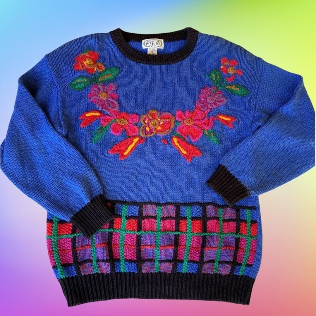 Vintage P' Galli Designs Woven Flower Colorful Crewneck Sweater - Size ...