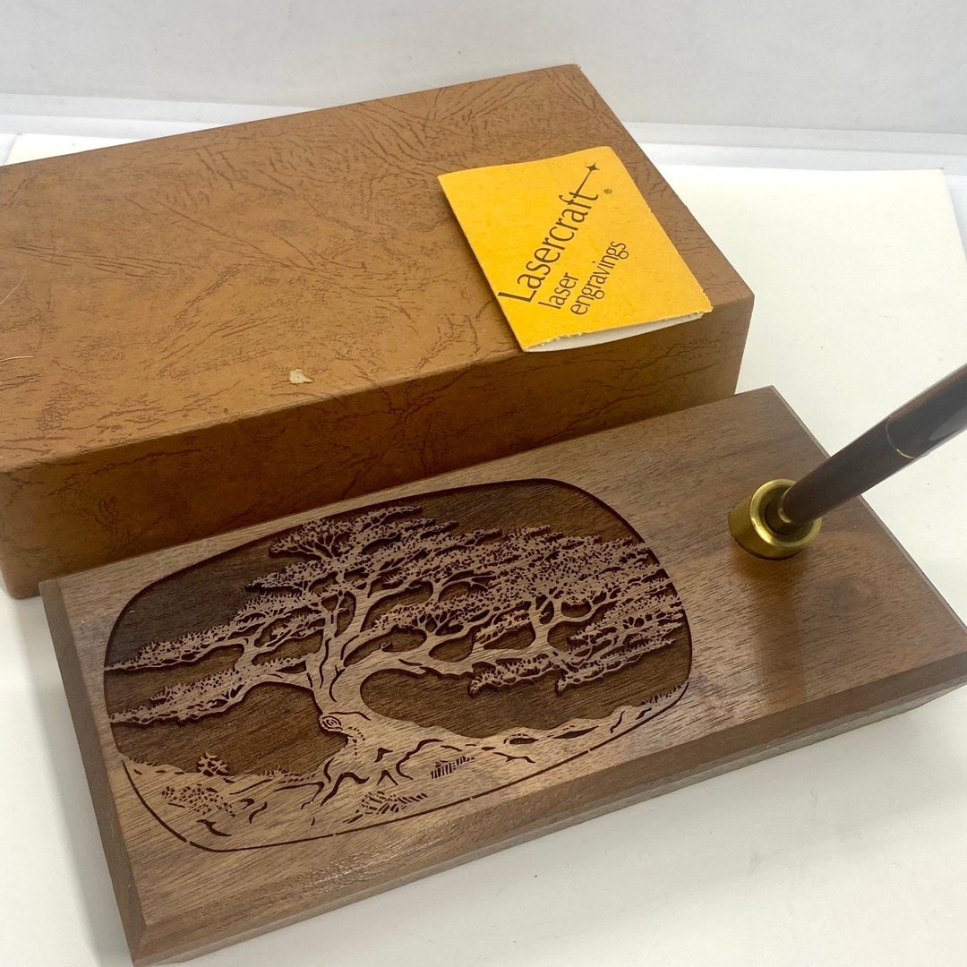 Vintage Lasercraft Laser Engraved Tree Walnut Wood Desk Set W/ Pen ...