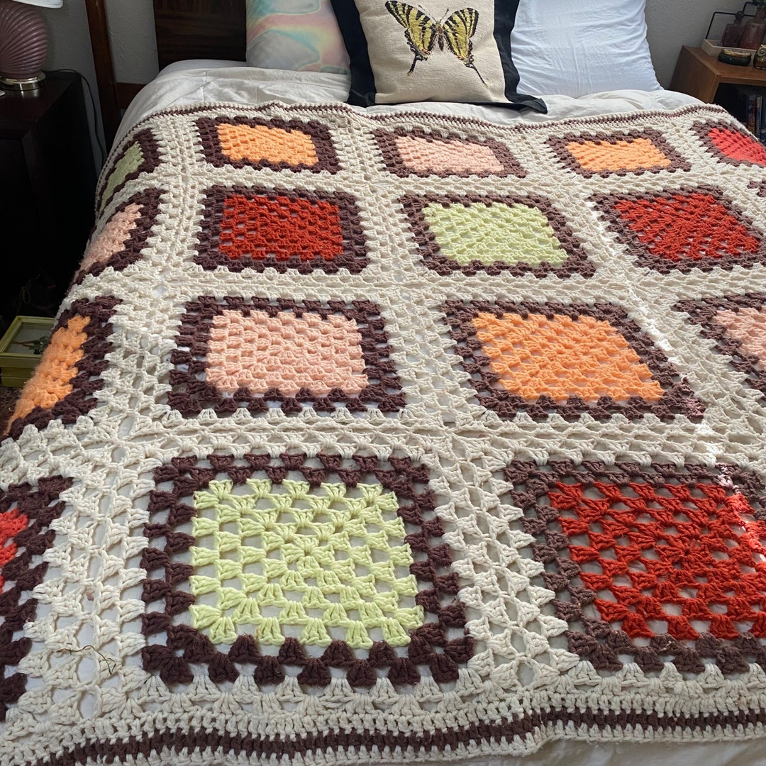 Vintage Retro Multicolor Granny Square Handmade Crochet Afghan Blanket ...