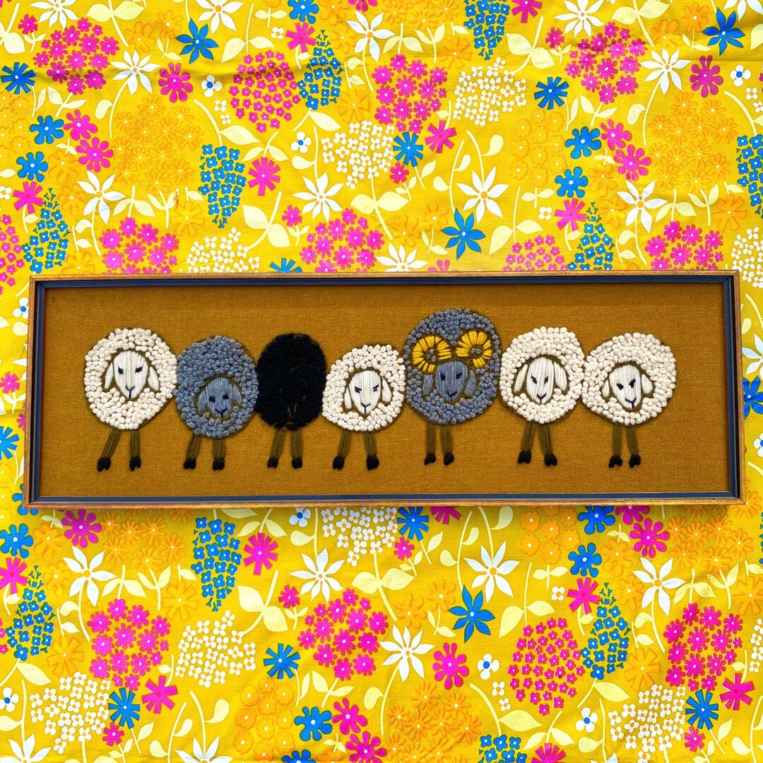 Rare Vintage Whimsical Sheep Ram Group Crewel Embroidery Framed Mid ...