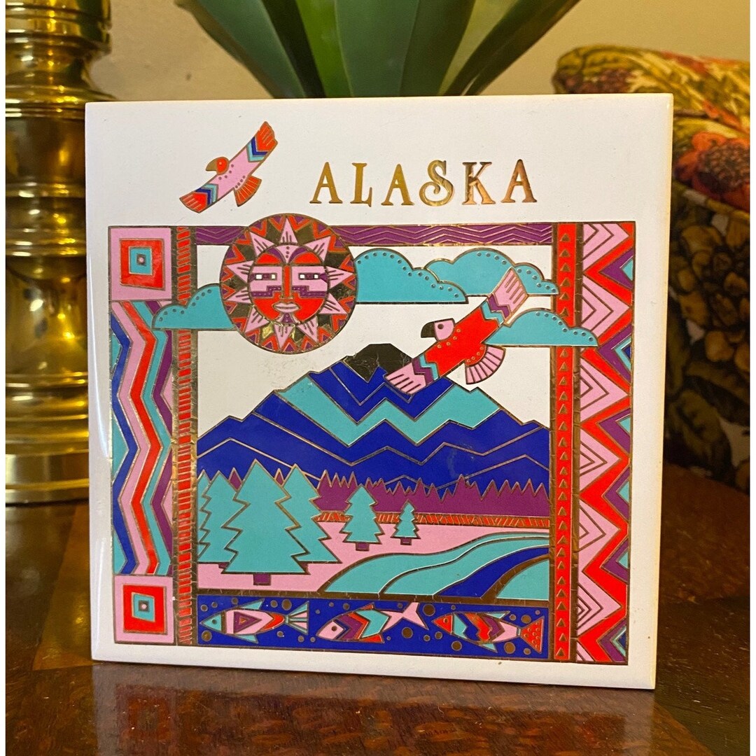 Vintage ALASKA Colorful Metallic Gold Ceramic Tile Trivet Wall Hanging ...
