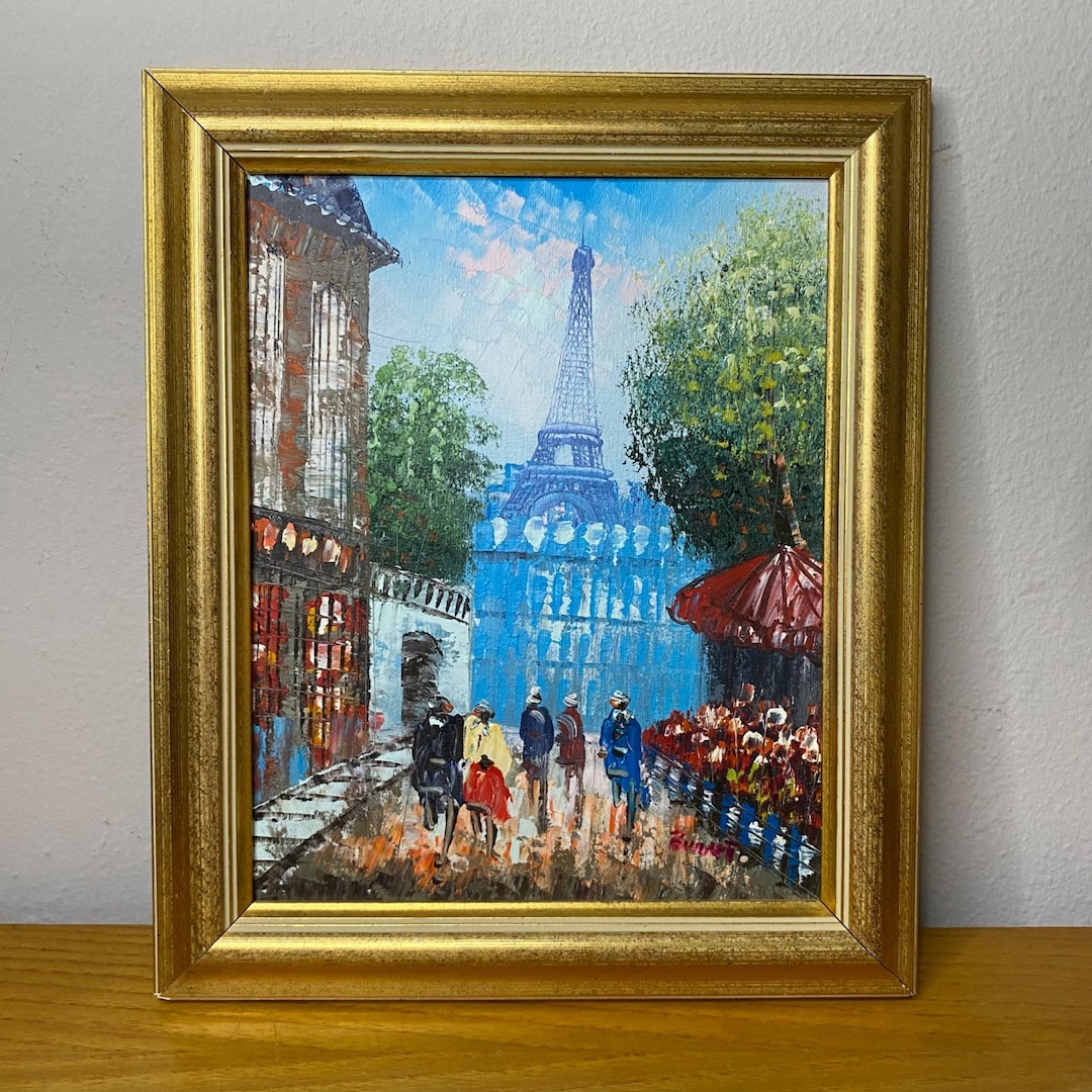Vintage Oil Painting Paris Eiffel Tower Street Scene Art Framed Signed ...