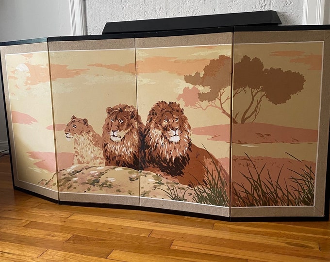 Rare Vintage Mid Century Lions 4 Panel Silk Screen Painting MCM Wall ...