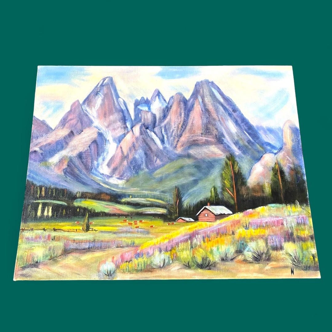 Vintage 60s Original Landscape Mountain Scene Painting ~ Mid Century ...