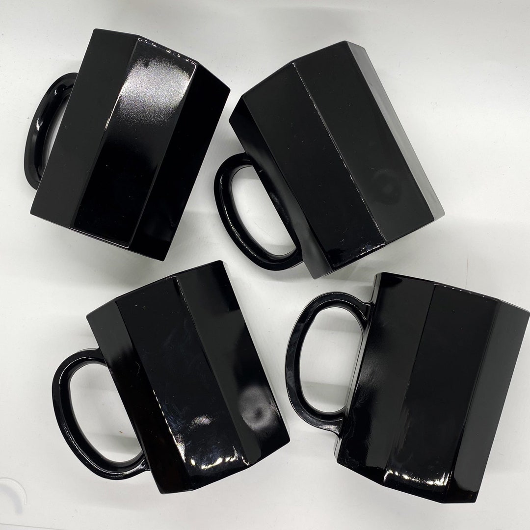 Vintage Arcoroc France Octime Black Glass Octagon Coffee Mug - Set of 4 ...