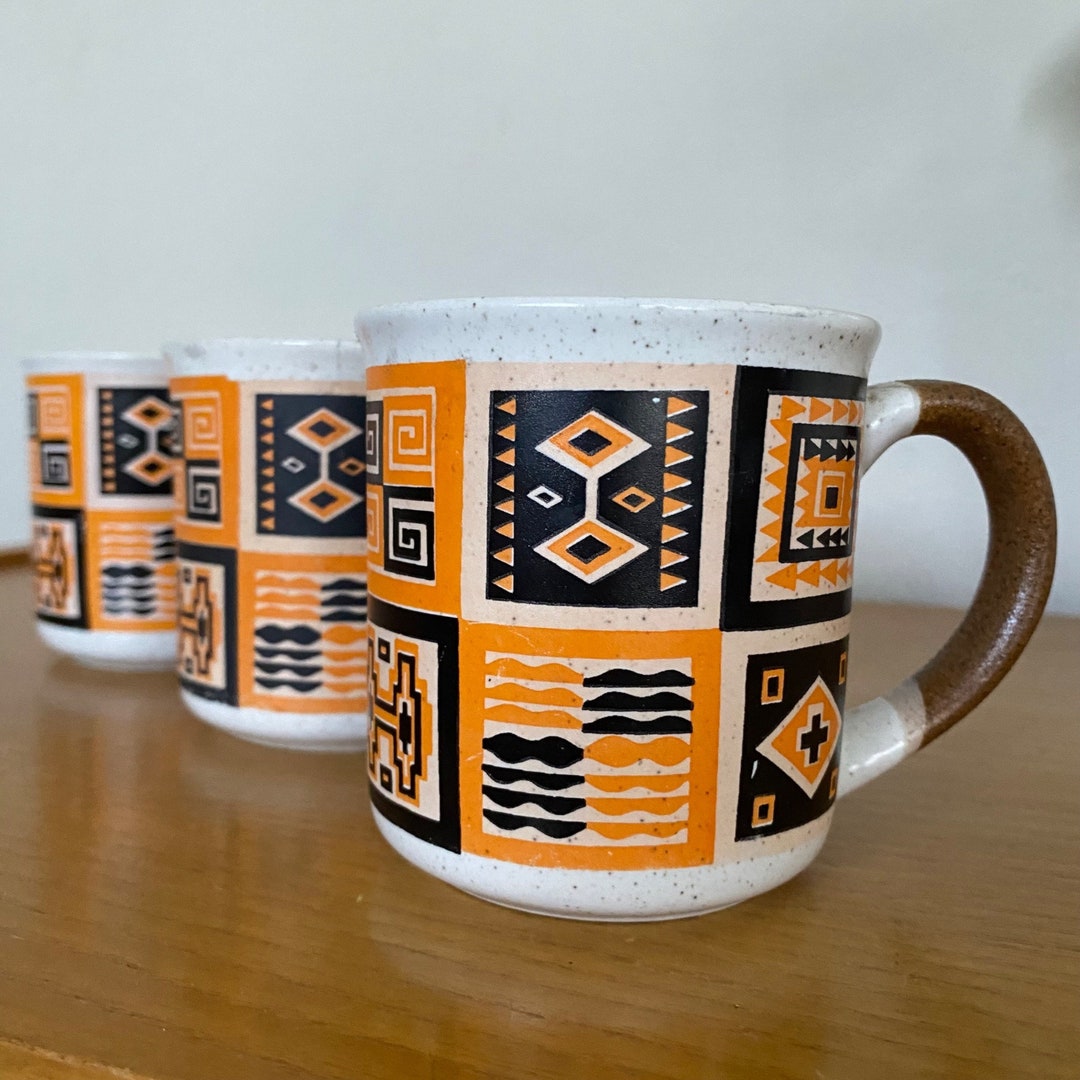Vintage 70s Southwest Aztec Stoneware Coffee Cup Mug Set of 3 - Etsy