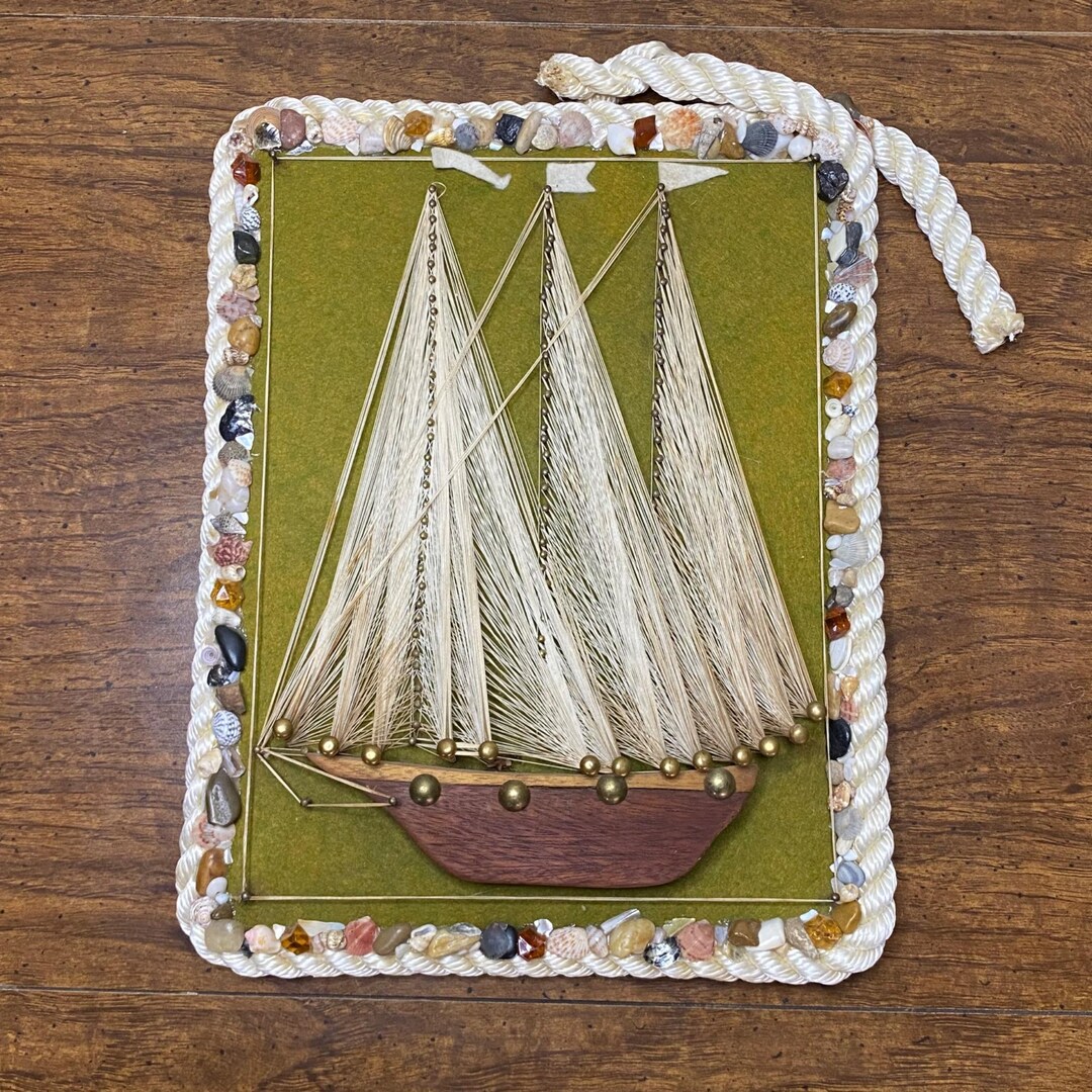 Vintage Mid Century Schooner Ship Nautical String Art W/ Rope & Shell ...