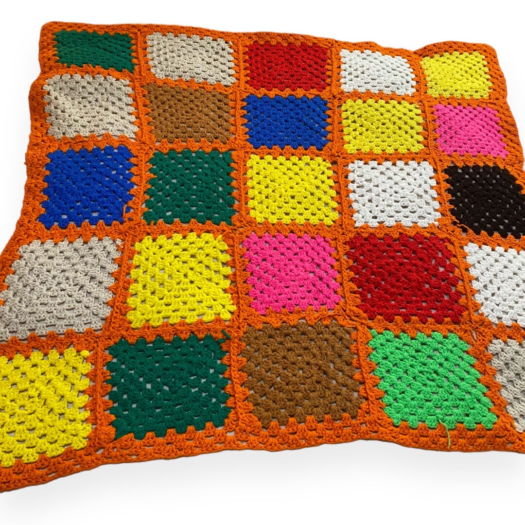Vintage Groovy Bright Colorful Granny Square Handmade Crochet Afghan ...