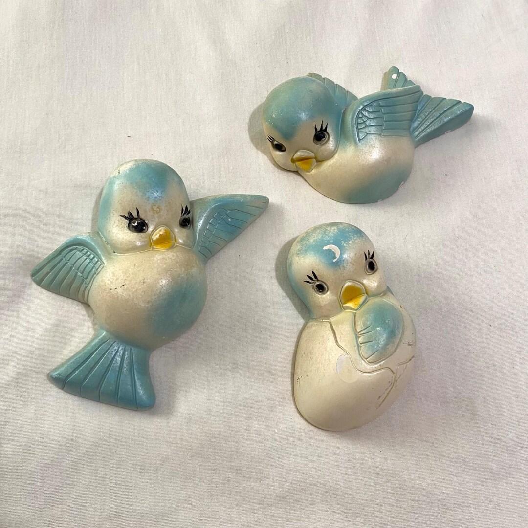 Vintage Cute Baby Blue Birds Kitschy Chalkware Wall Plaque - Set of 3 ...