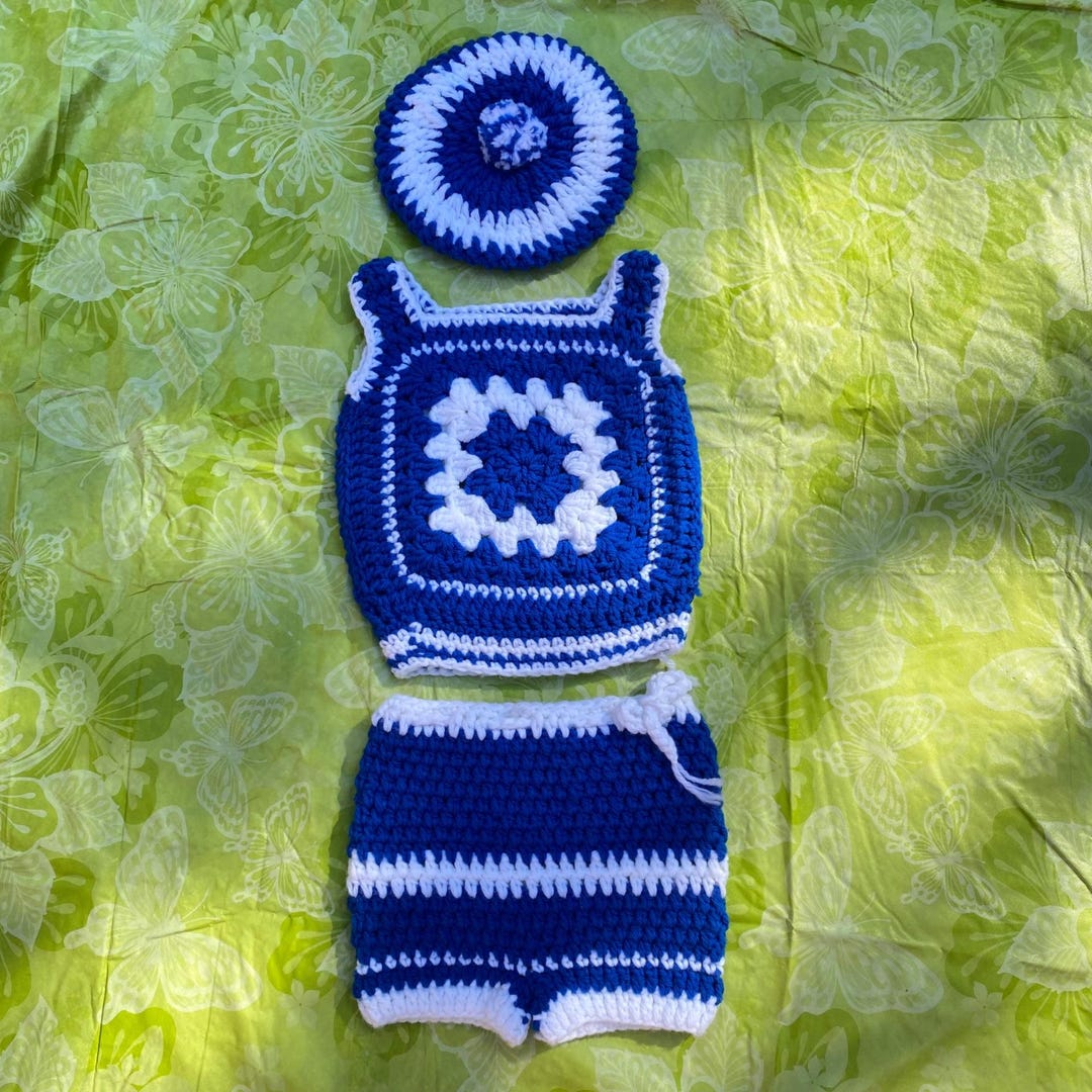 Vintage Handmade Crochet Blue White 3 Pc Toddler Outfit ~ Top Bottoms ...