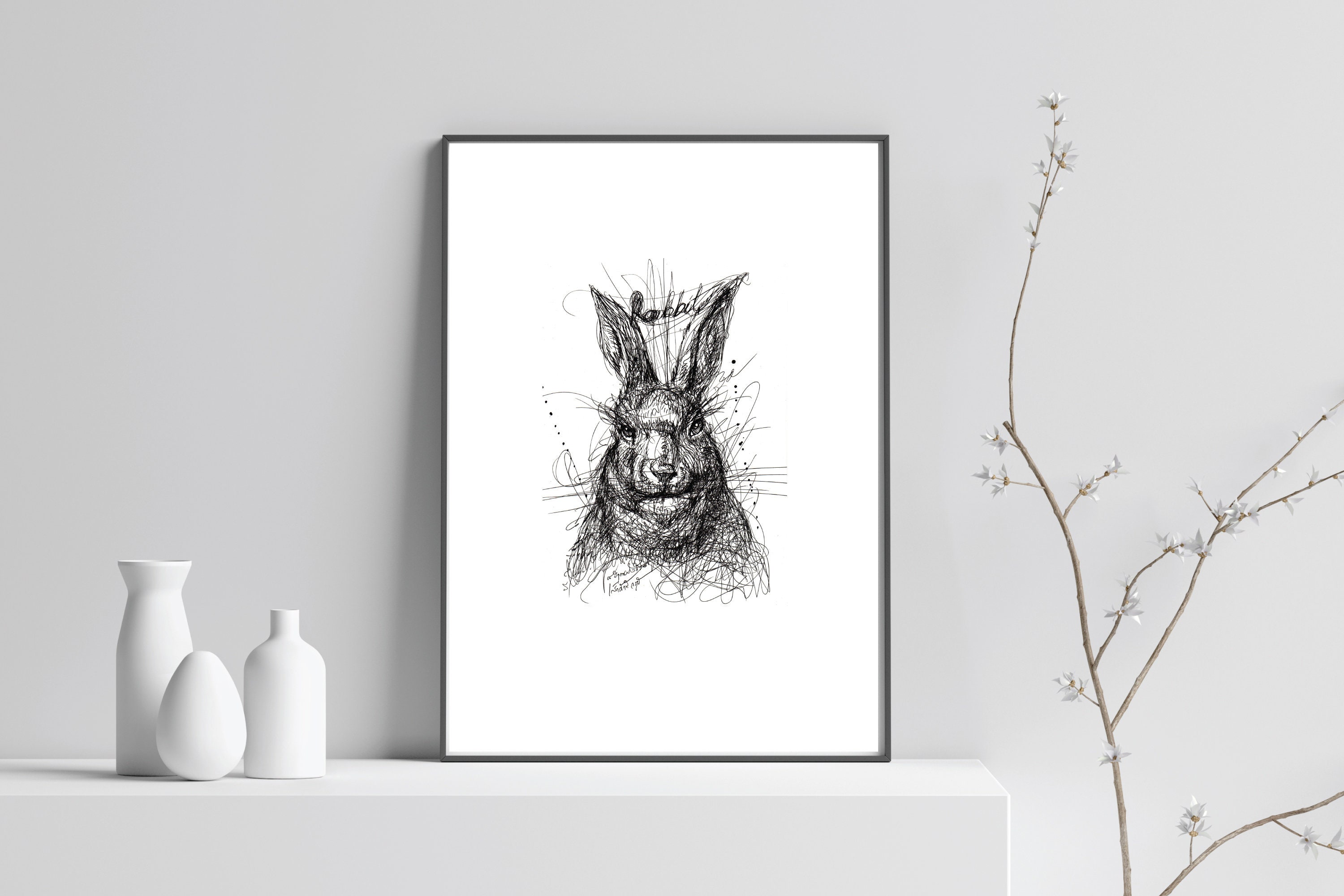 PRINTABLE RABBIT Print, DIGITAL Download, Rabbit Poster, Pen Drawing ...