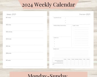 Simple Black and White 2024 Printable Calendar Instant - Etsy