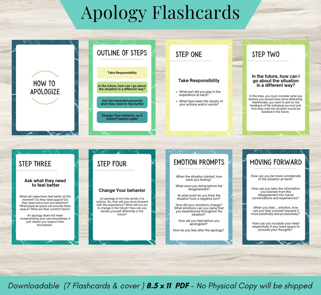 Apology Flashcards, How to Apologize, Therapy Coping Cards, CBT, School ...