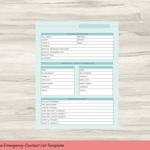 Emergency Contact List, Emergency Contact Sheet, Emergency Kit Template ...