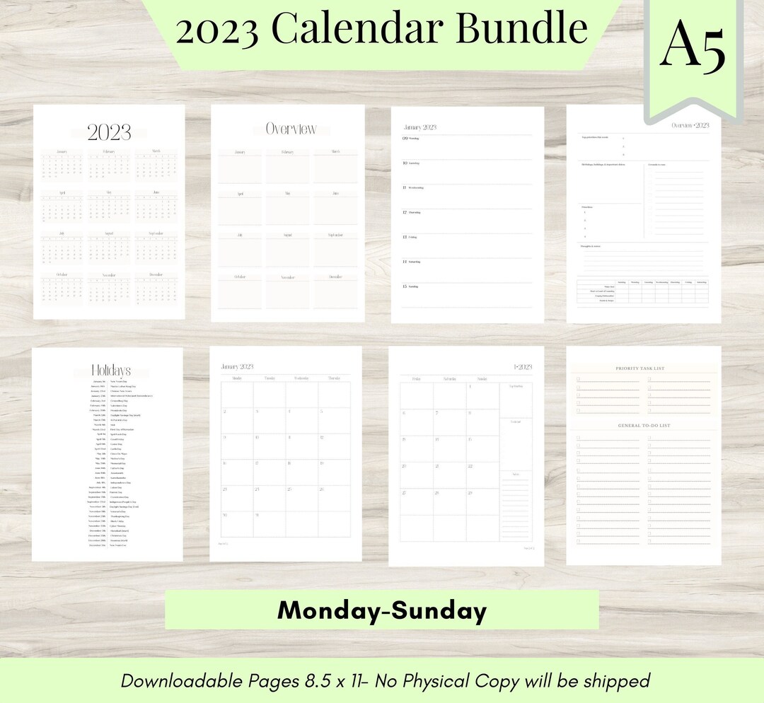 A5 Monday-sunday 2023 Calendar, 2023 Planner, 2023 Digital Calendar ...