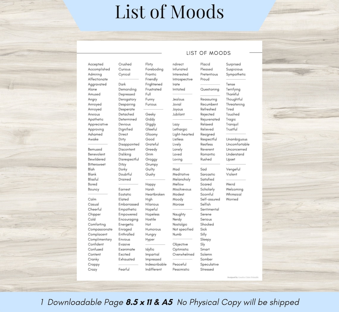 List of Mood Words Emotion Words Mood Tracker Self-care - Etsy