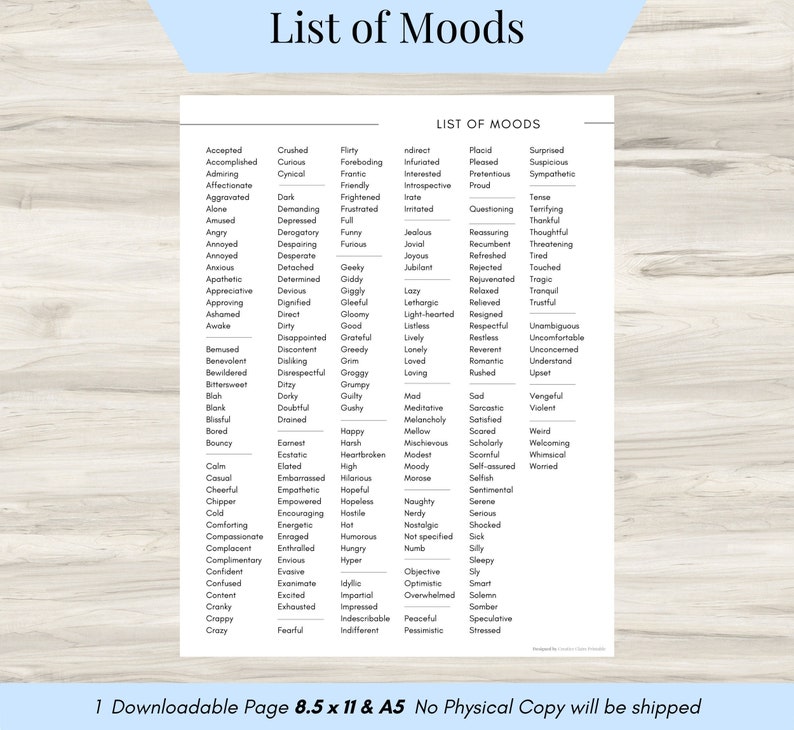 List of Mood Words Emotion Words Mood Tracker Self-care - Etsy