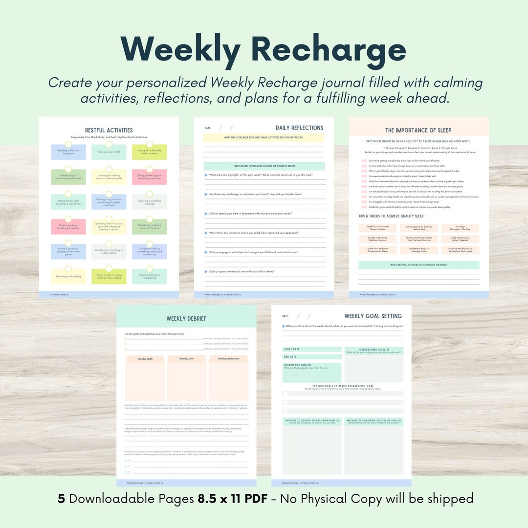 Weekly Recharge Journal: Self-care & Goal Setting (PDF) - Etsy