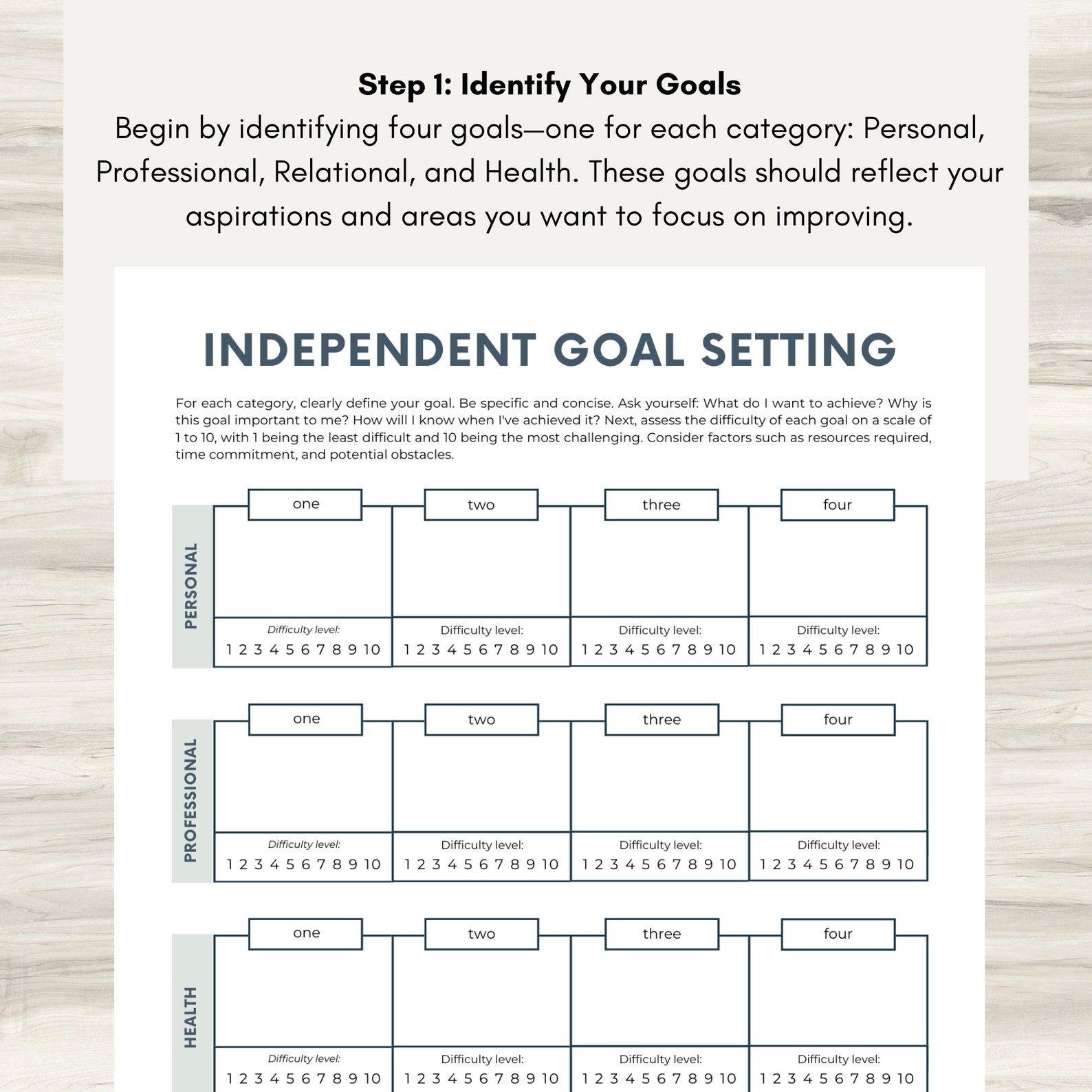 Comprehensive Independent Goal Setting Sheet: Personal, Professional ...