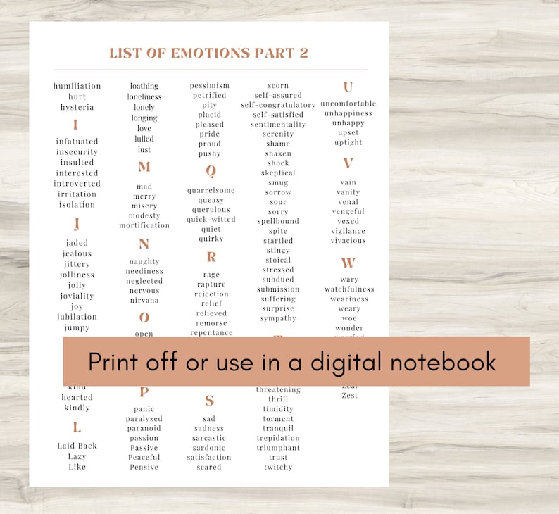 Emotion List Mental Health Emotional Heath Therapy Tool - Etsy