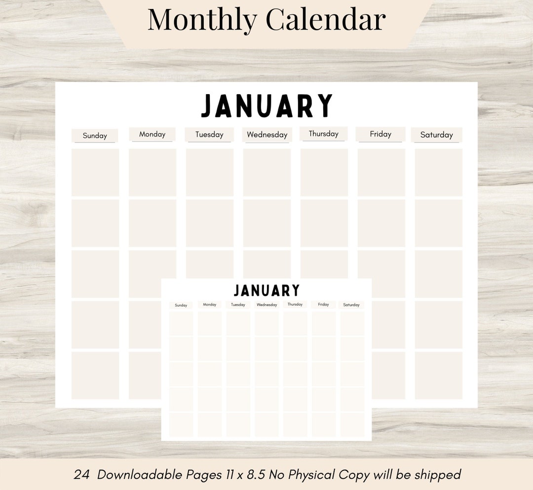 Monthly Blank Calendar, Simple Calendar, Calendar Planner, Horizontal ...