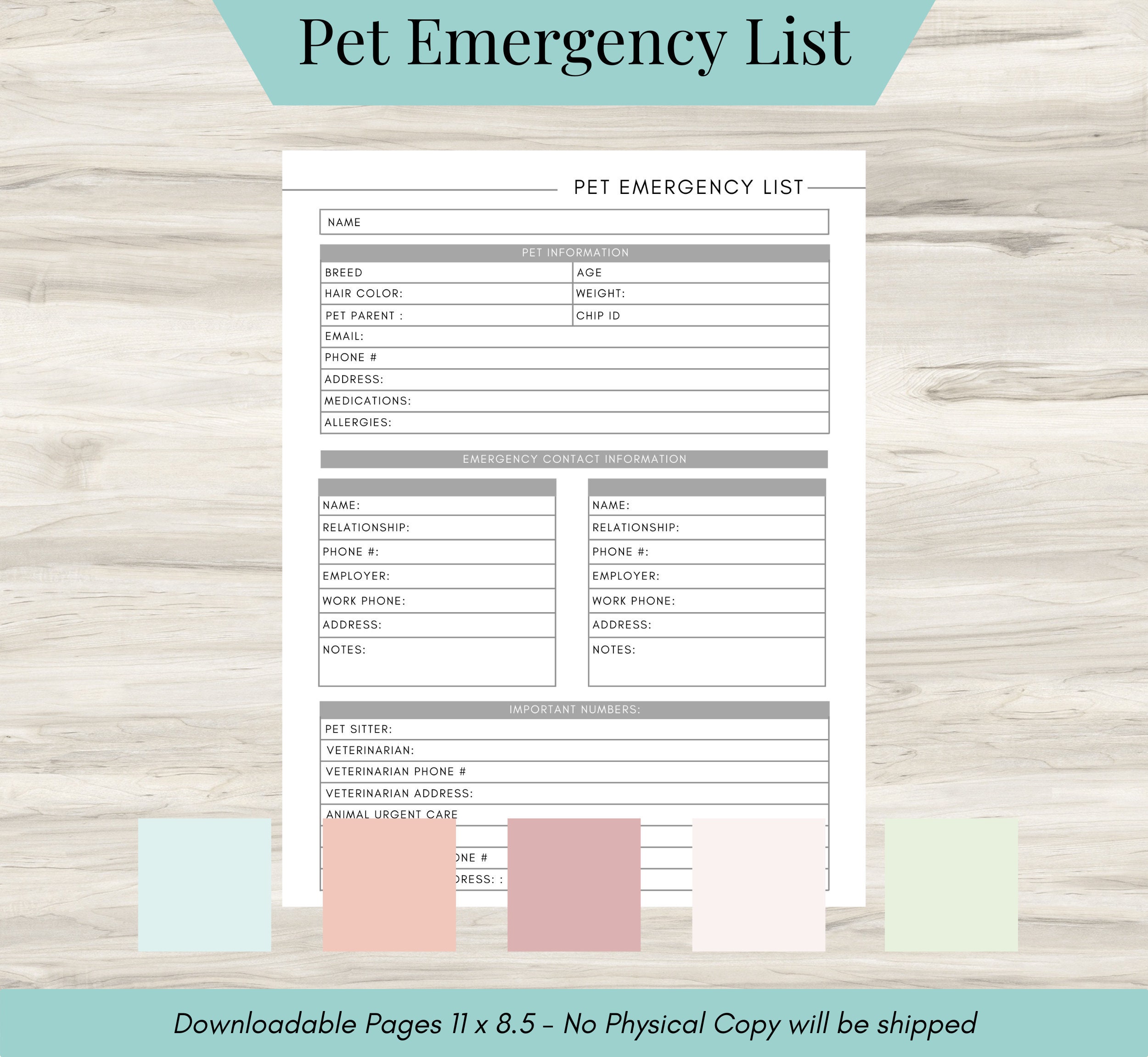 Pet Emergency Contact List Template (digital Download) - Etsy