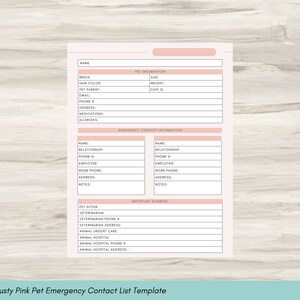 Pet Emergency Contact List Template (digital Download) - Etsy