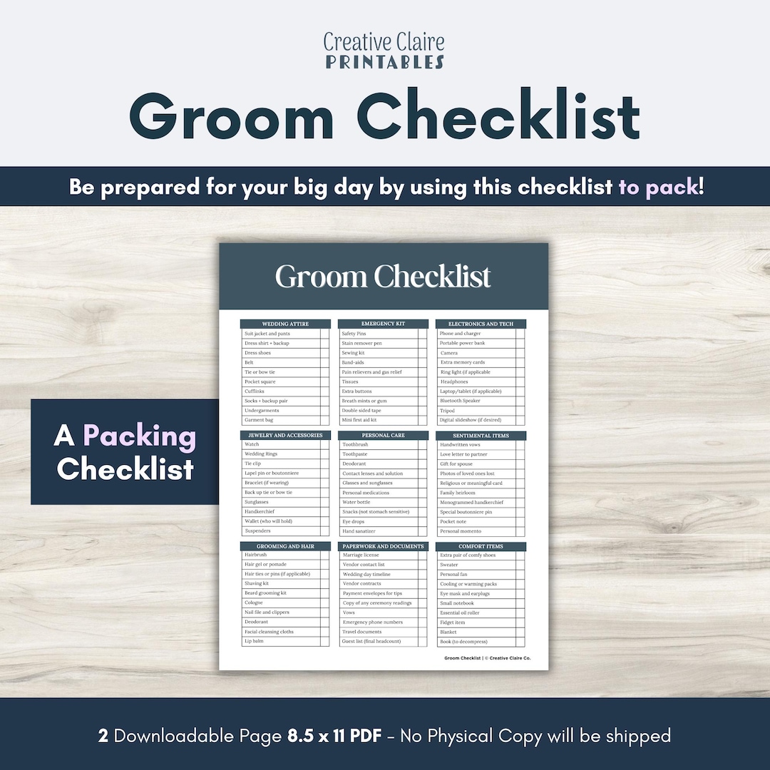 Groom Checklist Printable | Wedding Day Packing List for the Groom ...