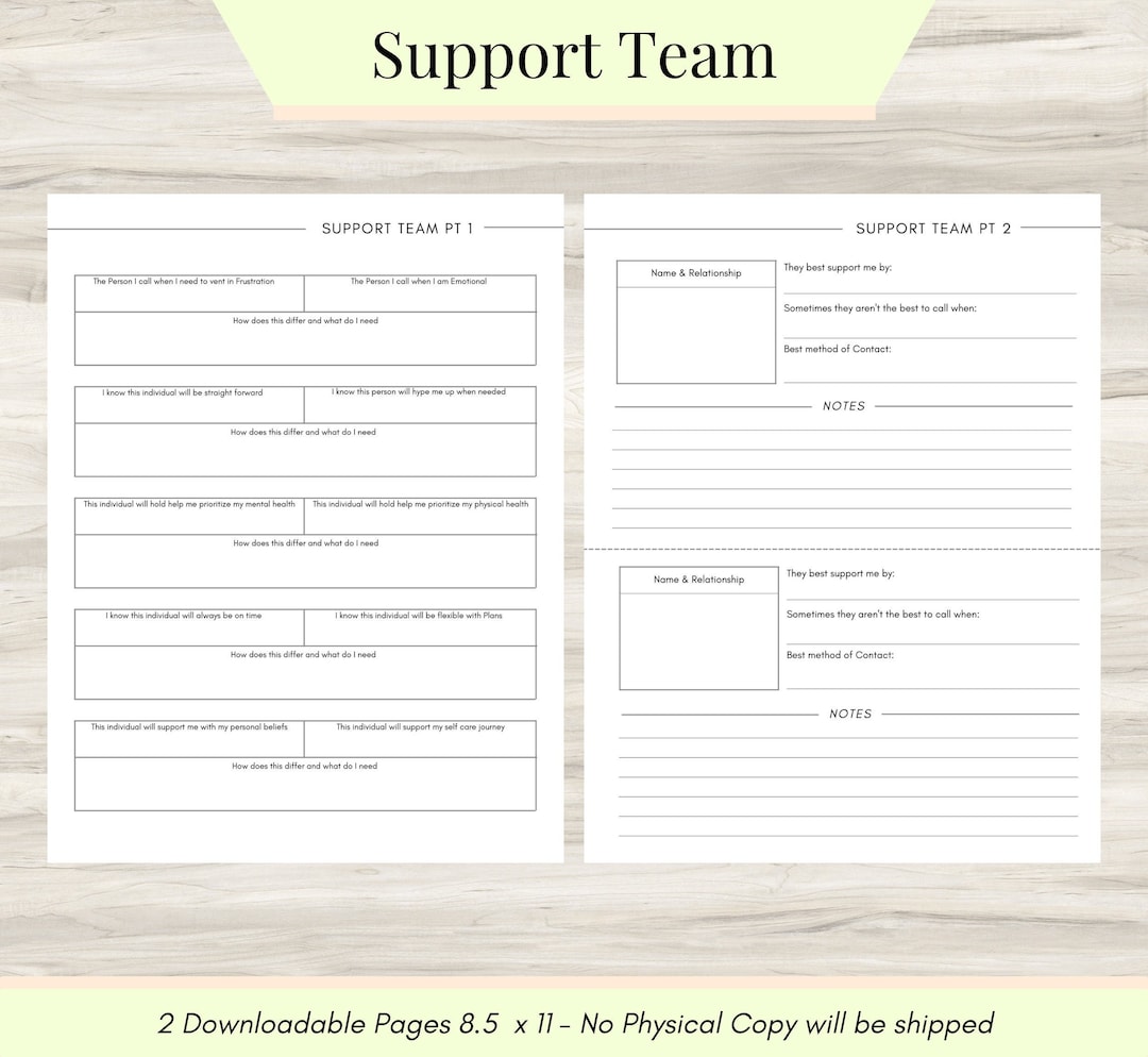 Support Team Sheets for Mental Health, Therapy Journal- Depression ...