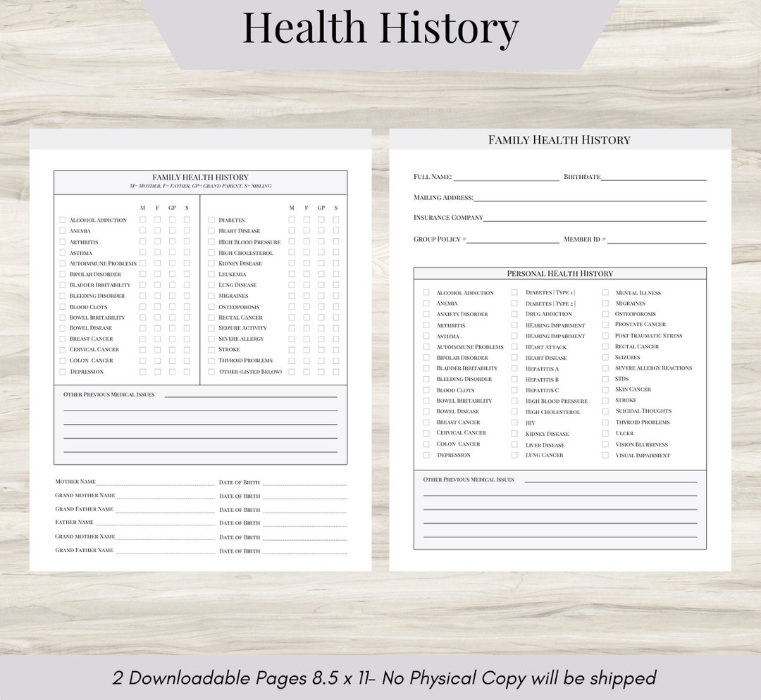 Family & Personal Health History Tracker: Medical Record Form (PDF ...