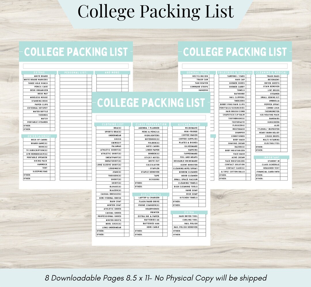 College Packing List Printable | Dorm Room Checklist for Students ...