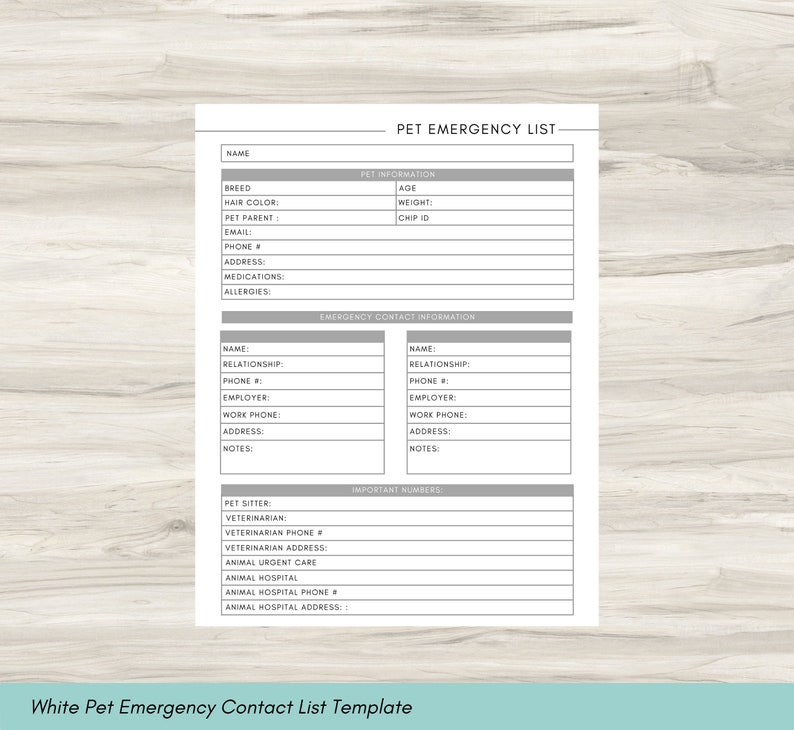 Pet Emergency Contact List Template (digital Download) - Etsy
