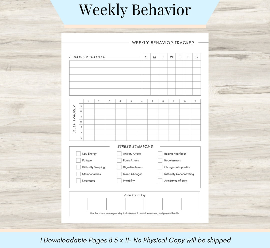 Weekly Behavior Tracker: Mood, Sleep, Stress Symptoms (PDF) - Etsy