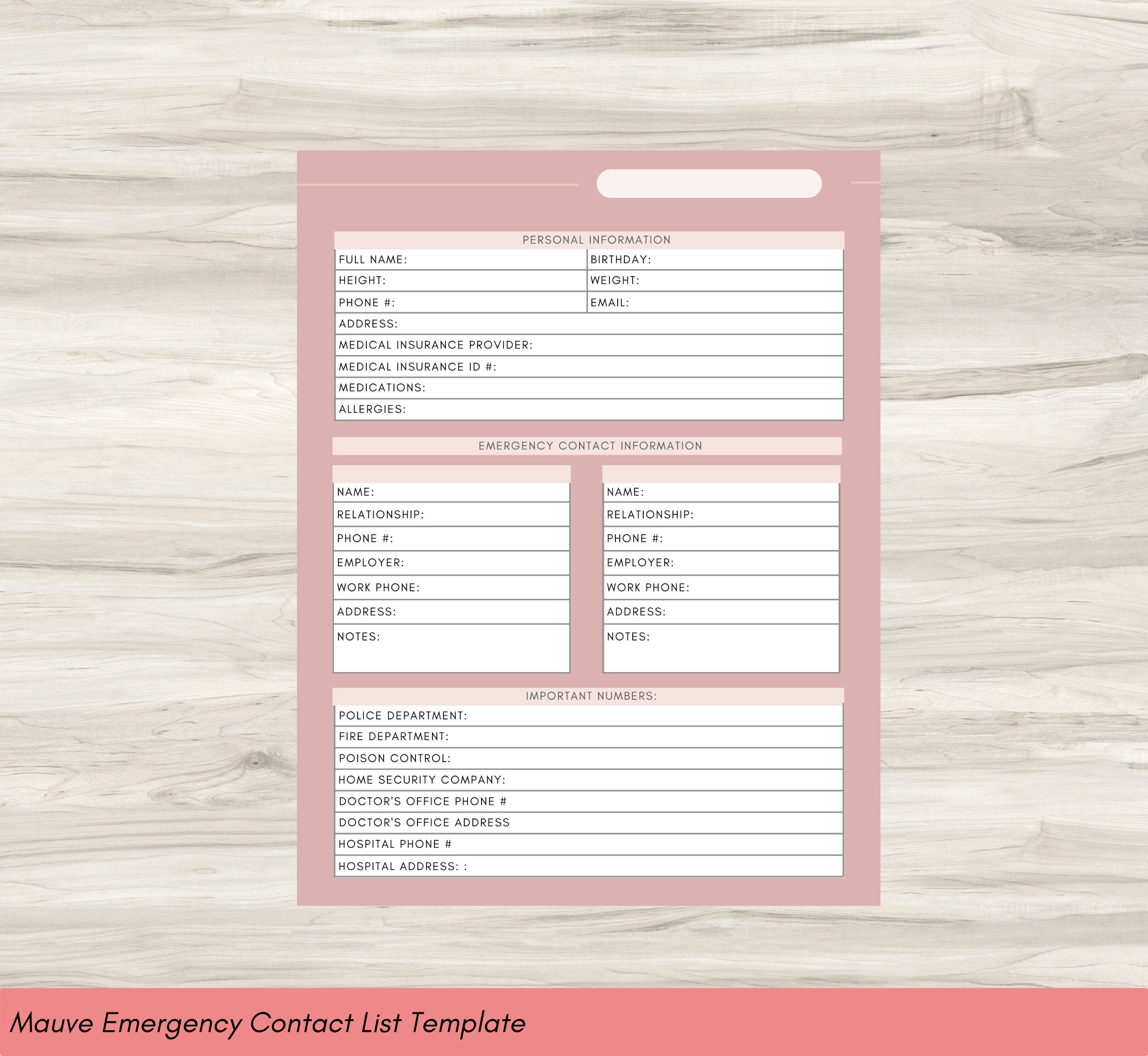 Emergency Contact List Emergency Contact Sheet Emergency Kit | Etsy