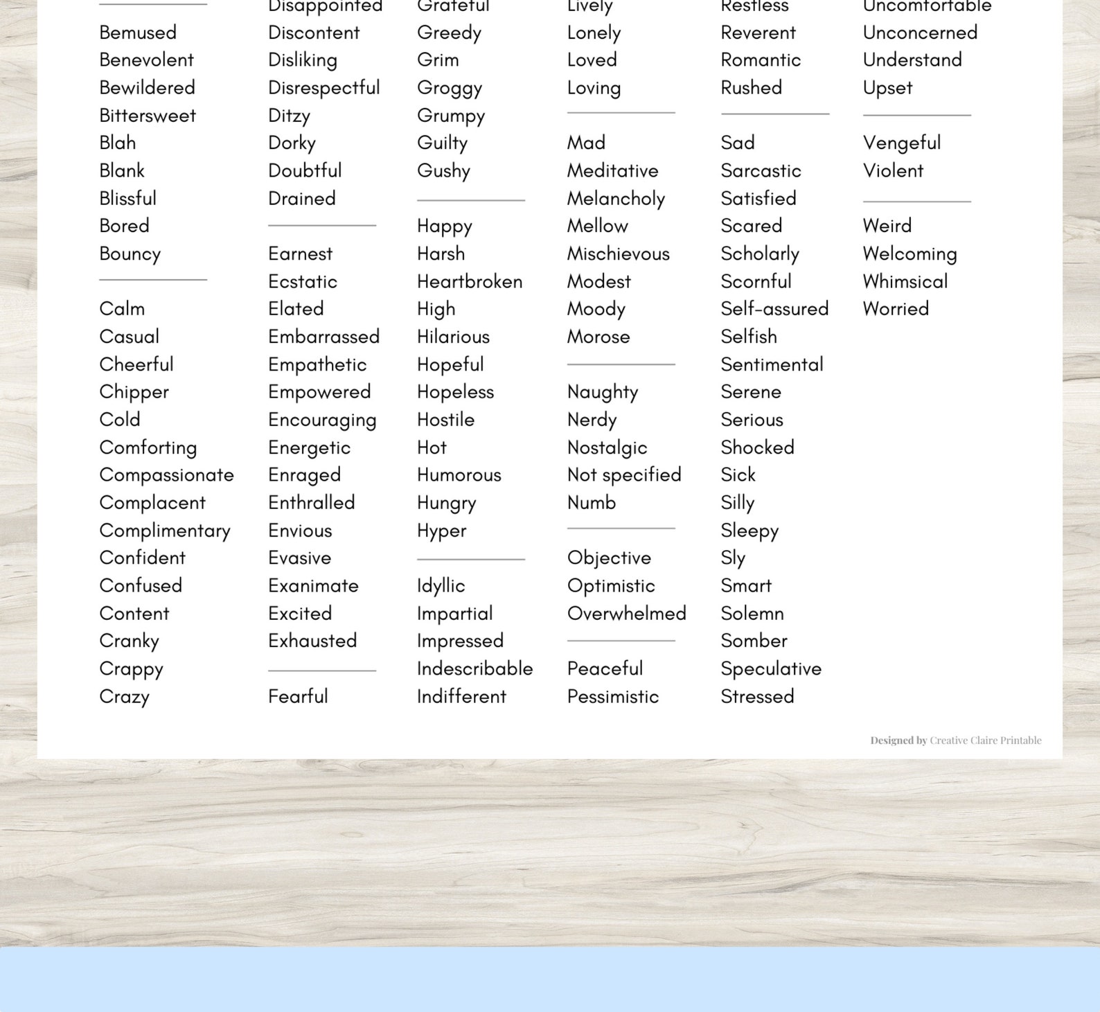List of Mood Words, Emotion Words, Mood Tracker, Self-care Tracker, Daily Emotion, Daily Mood ...