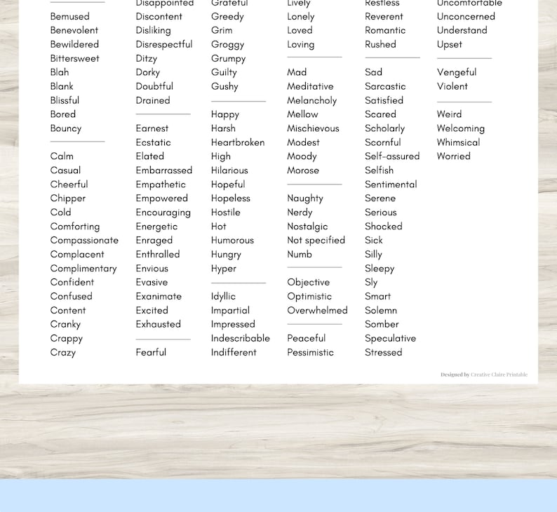 List of Mood Words Emotion Words Mood Tracker Self-care - Etsy