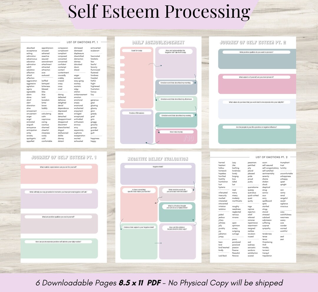 Self Esteem Processing Journal Pages for Daily Self Care, Mental Health ...