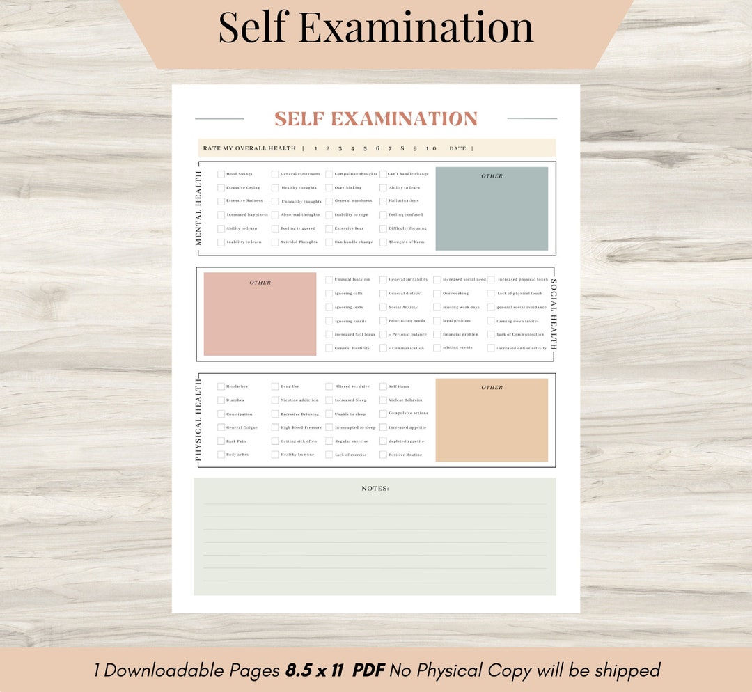 Self Examination Worksheet: Daily Mental Health Check-in (8.5 X 11 PDF ...