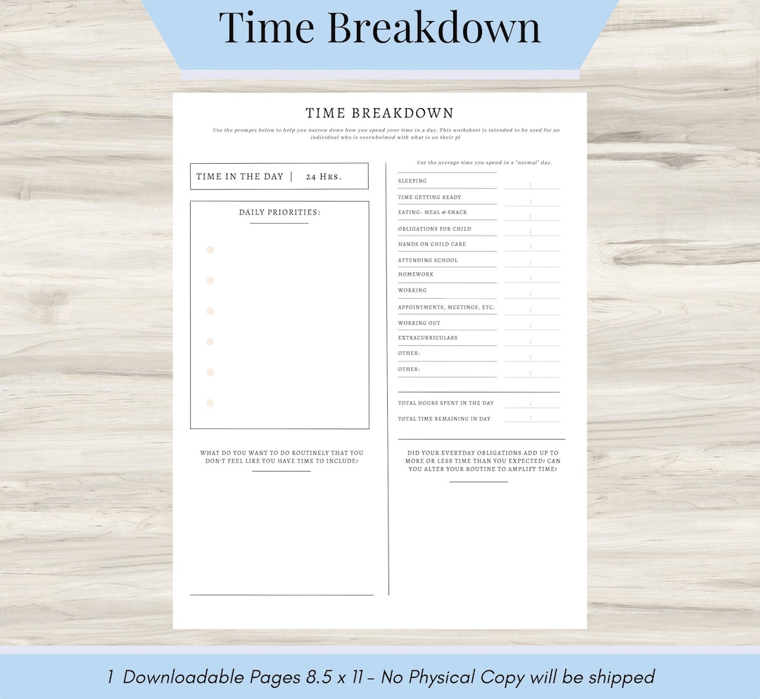 Time Breakdown, Time Management Worksheet , Time Management Planner ...