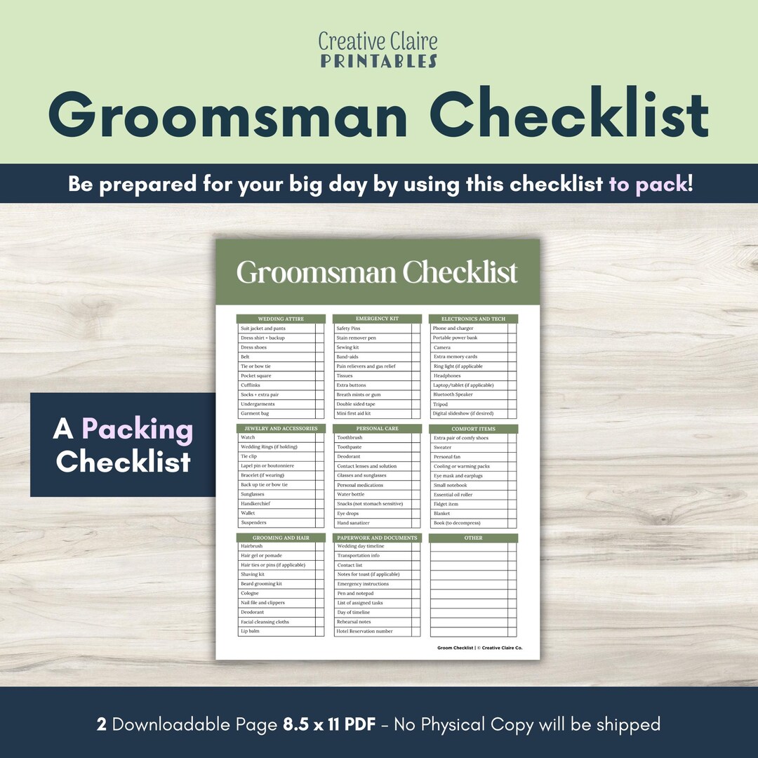 Groomsman Checklist Printable | Wedding Day Packing List for Groomsmen ...