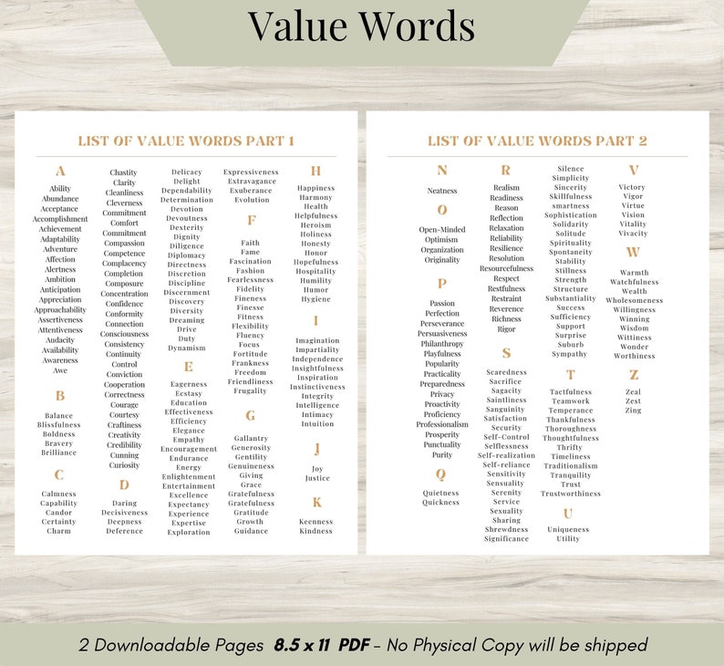 Value Words List: Self-awareness, Therapy Tools (8.5 X 11 PDF) - Etsy