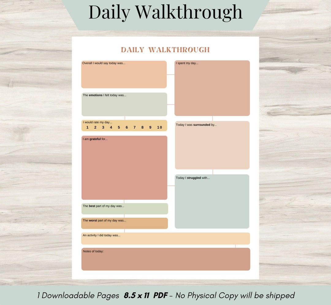 Daily Walkthrough, Therapy Worksheet, Daily Journal Planner, Mental ...